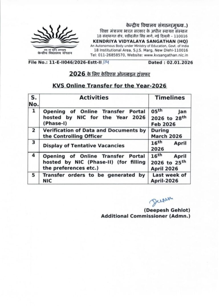 KVS Online Transfer 2026 by Kendriya Vidyalaya Sangathan